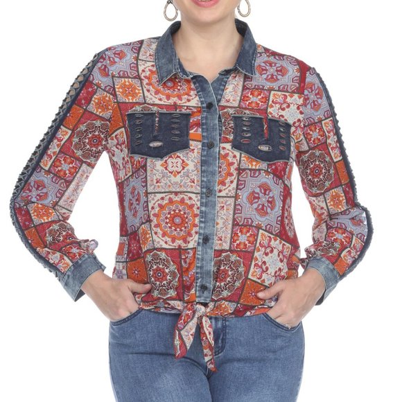 AZI | Tops | Azi Red Multi Colored Tie Front Denim Chiffon Blouse With ...